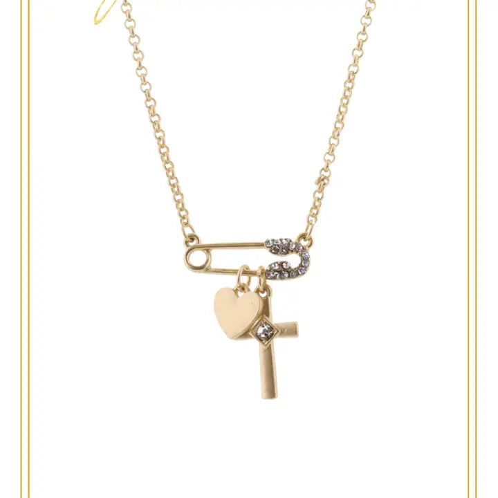Gold Pin with Cross and Heart Charms Chain Necklace – Signature Look ...